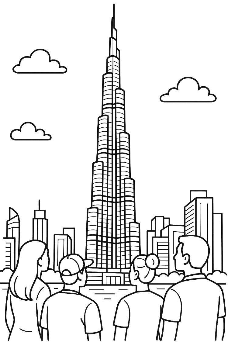 Burj Khalifa Dubai Coloring Pages Drawing Uae Architecture Sketch Kids ...